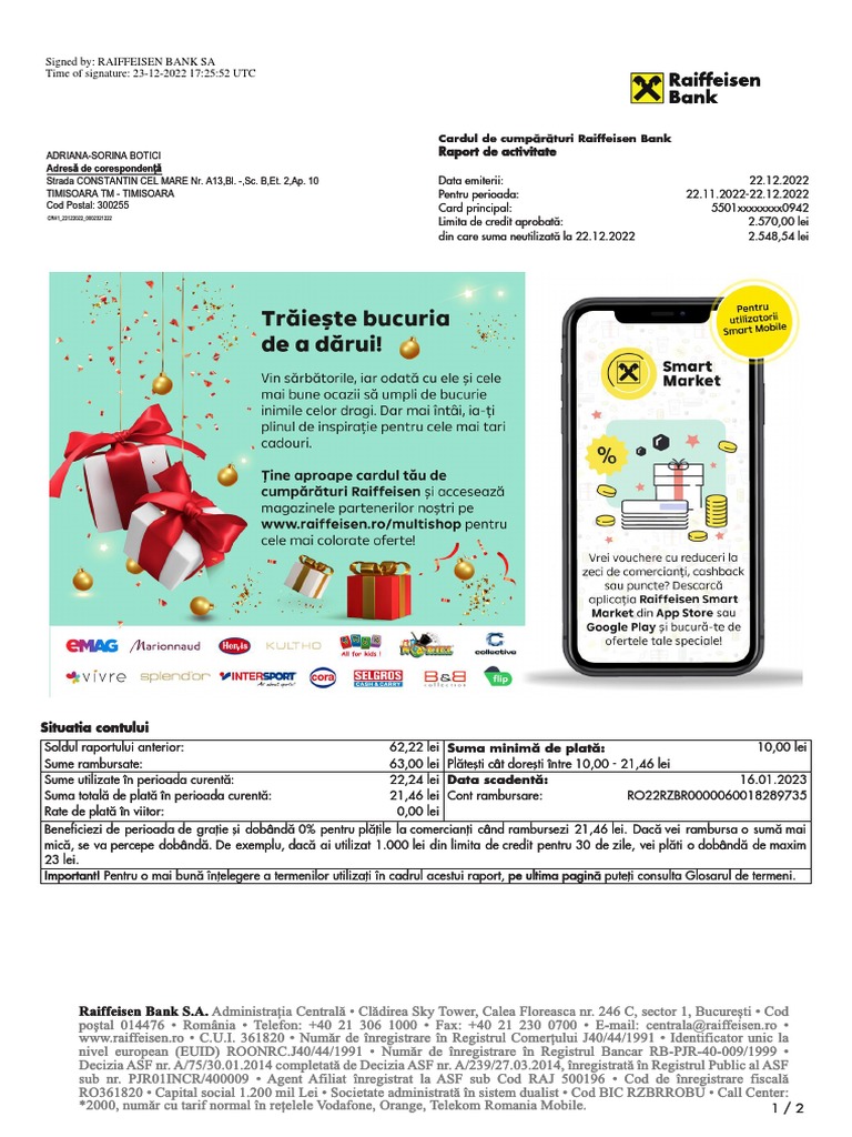 Cardul de Cump'r'turi Raiffeisen Bank Raport de Activitate Adresă de Corespondenţă Cardul de ...