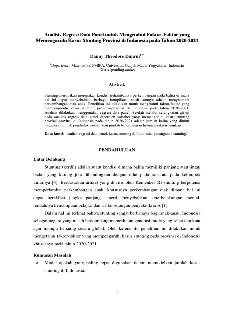 Analisis Regresi Data Panel Untuk Mengetahui Faktor-Faktor Yang Memengaruhi Kasus Stunting ...