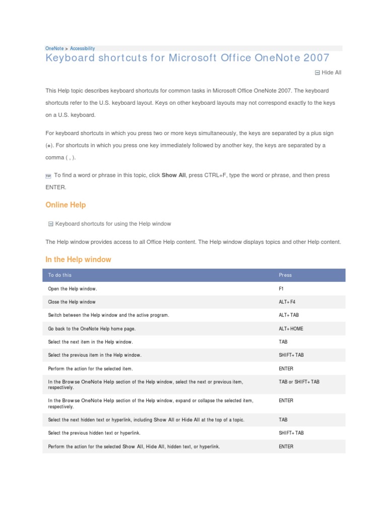 One Note Key Shortcuts | PDF