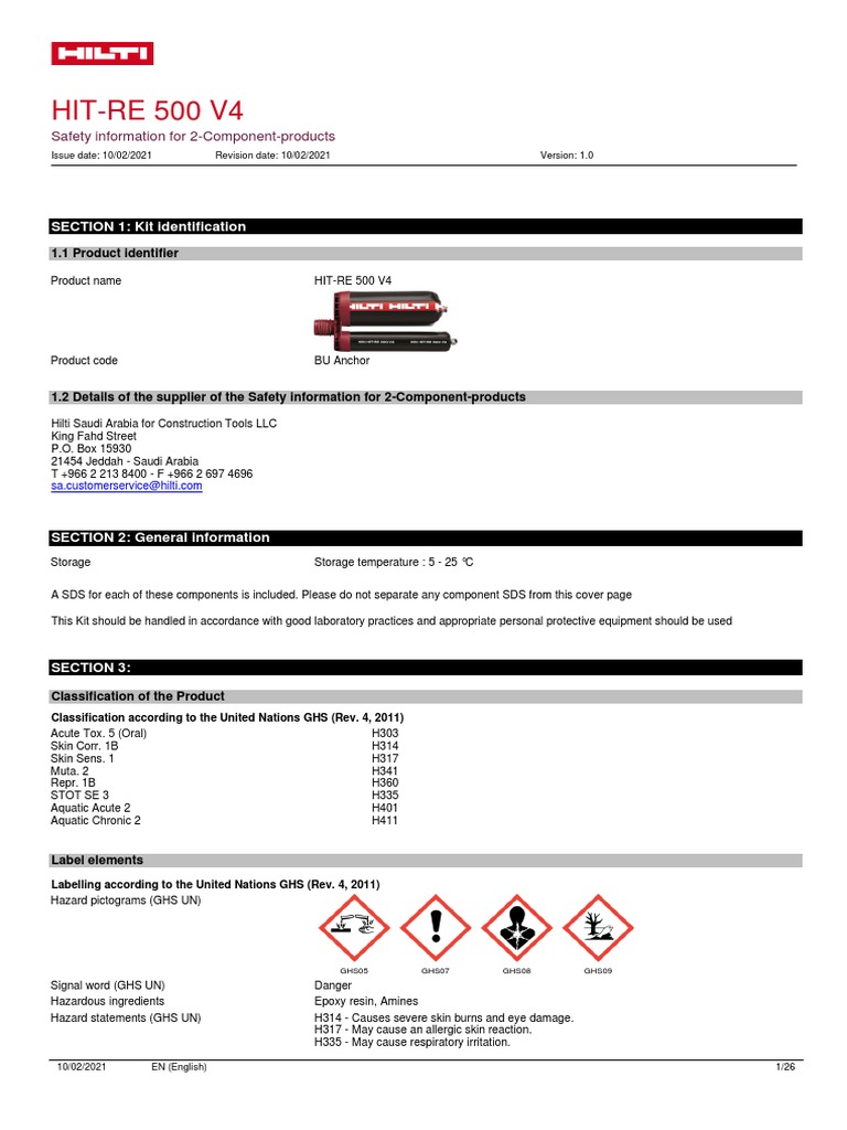 Hilti HIT-RE 500 V4 Safety Data Sheet | PDF