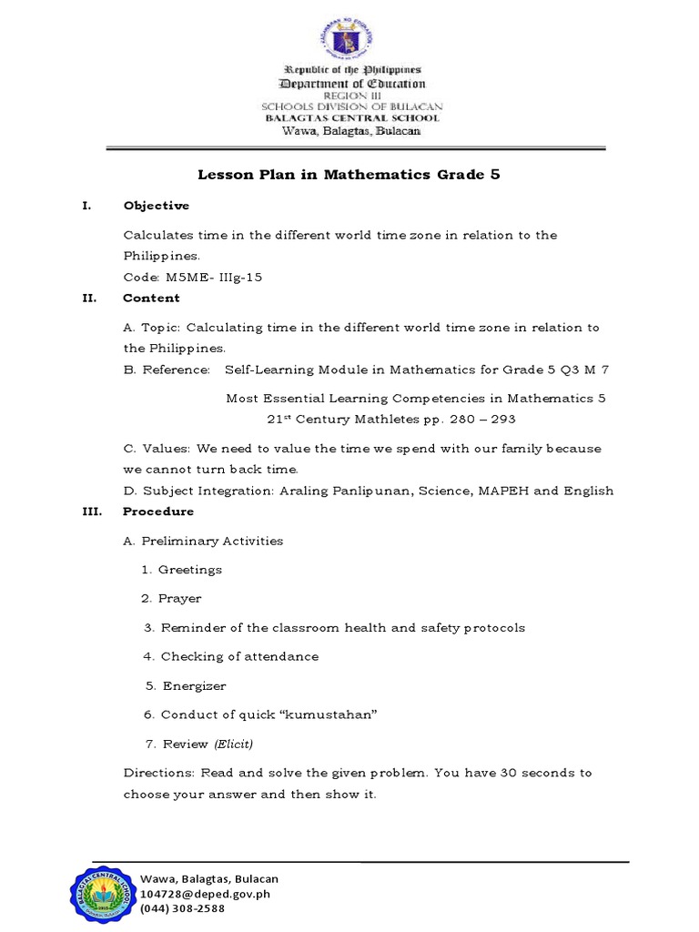 DETAILED Lesson Plan in Mathematics Grade 5 TIME ZONE DEMO | PDF | Greenwich Mean Time | Longitude