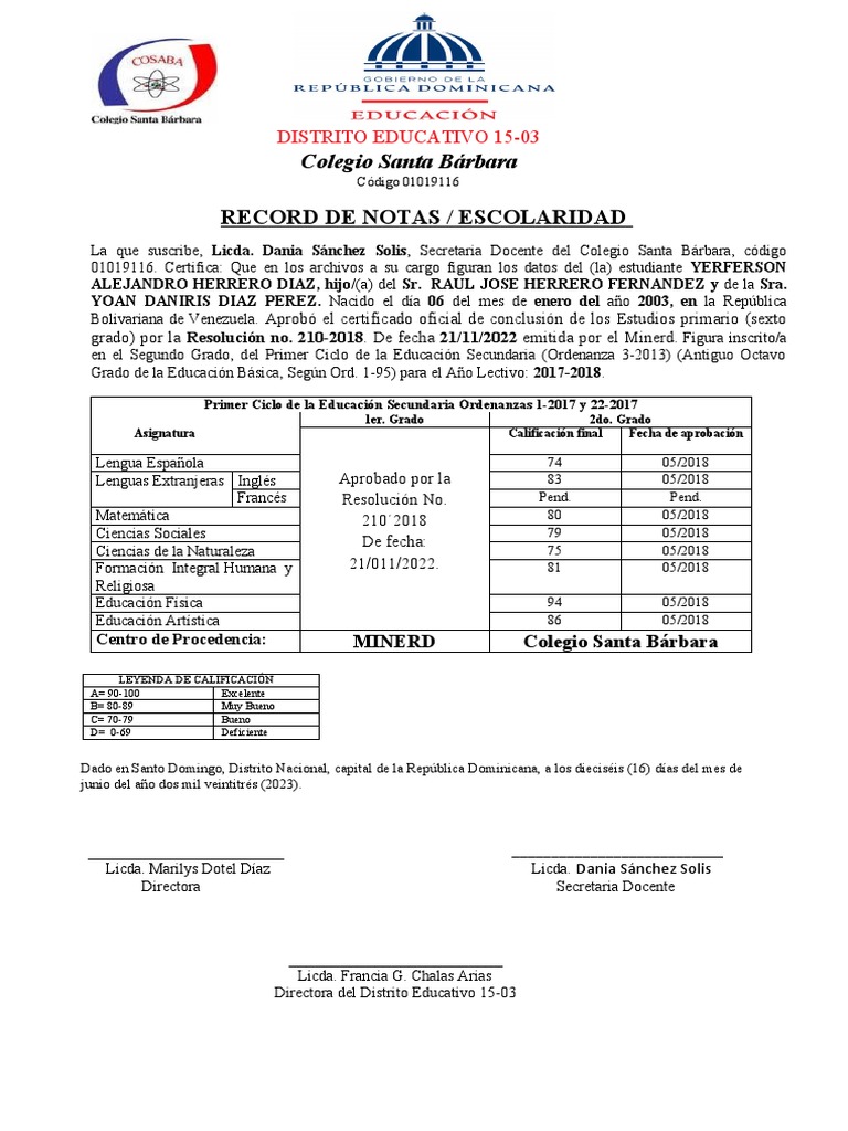 Record de Notas de Yeferson Alejandro Herrero Diaz | PDF