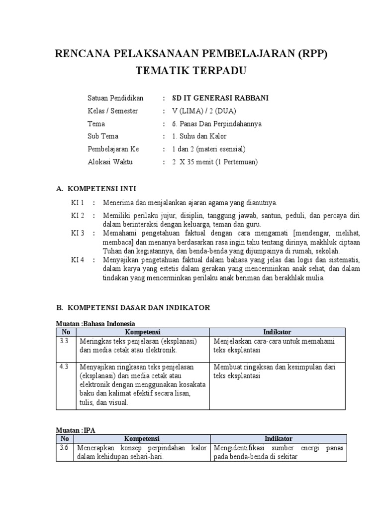 Contoh RPP Terpadu | PDF | Seni & Disiplin Bahasa | Sains & Matematika