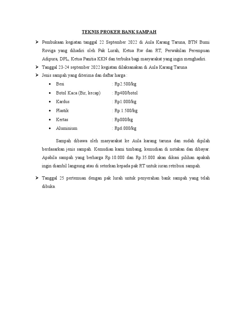 Teknis Proker Bank Sampah | PDF
