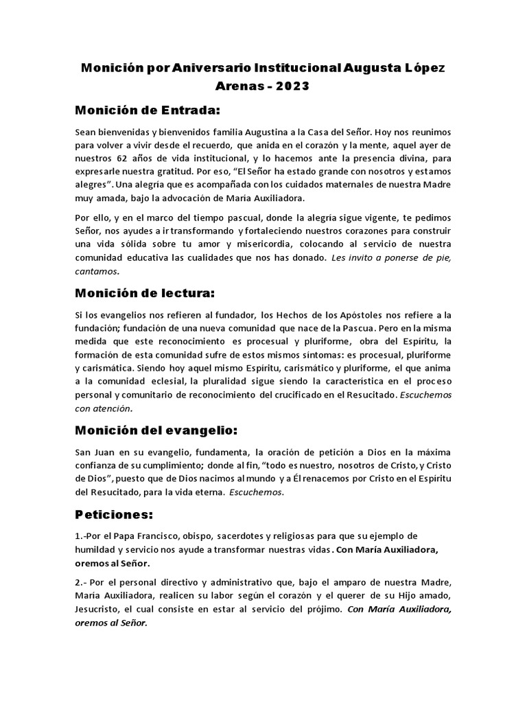 MONICIÓN ANIVERSARIO | PDF | Misa (liturgia) | eucaristía