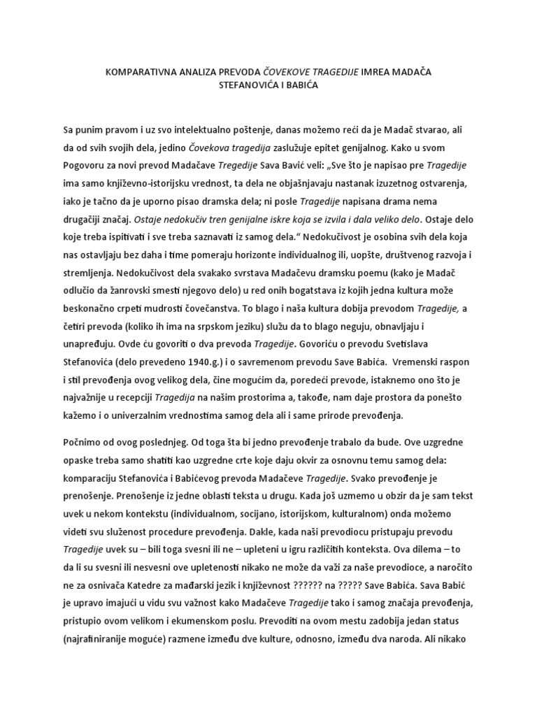 Komparativna Analiza Prevoda Čovekove Tragedije Imrea Madača ...