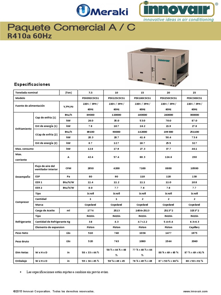 Especificaciones Aire Acondicionado Innovair | PDF