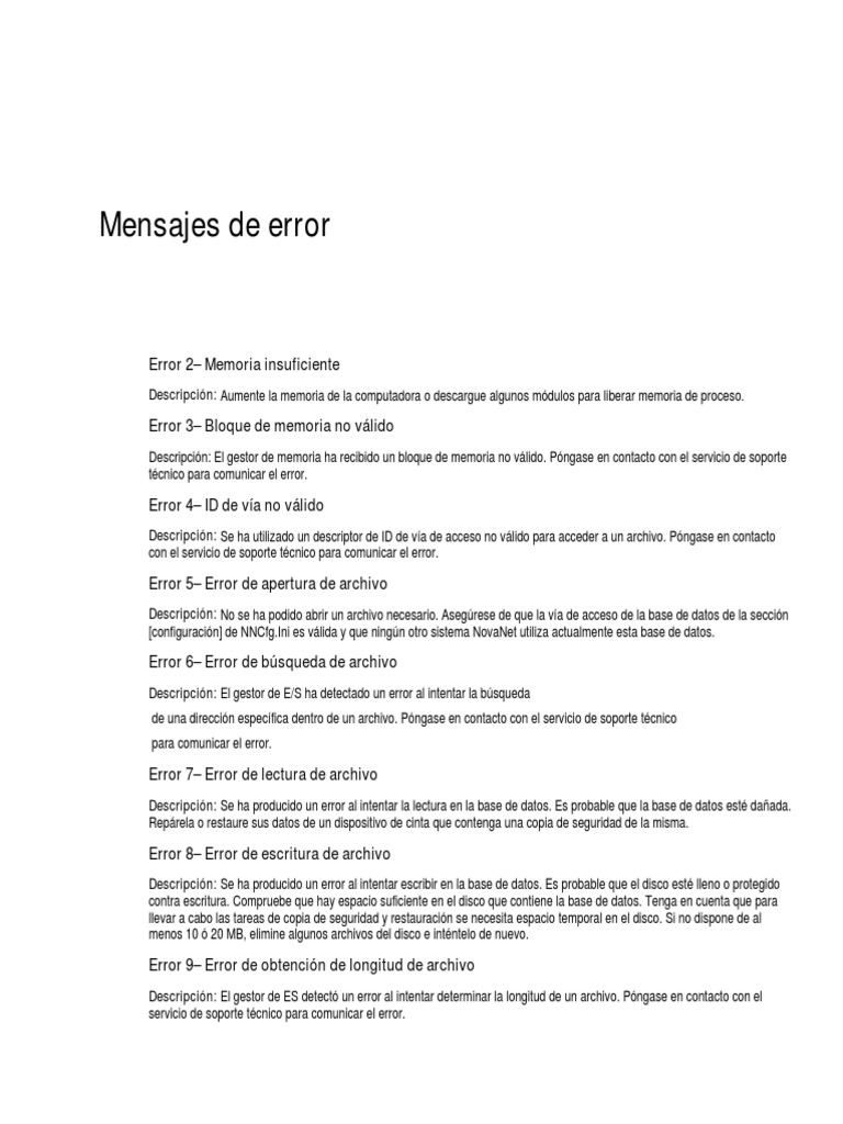 Mensajes de Error Error 2 Memoria Insuficiente Descripción Error 3 ...