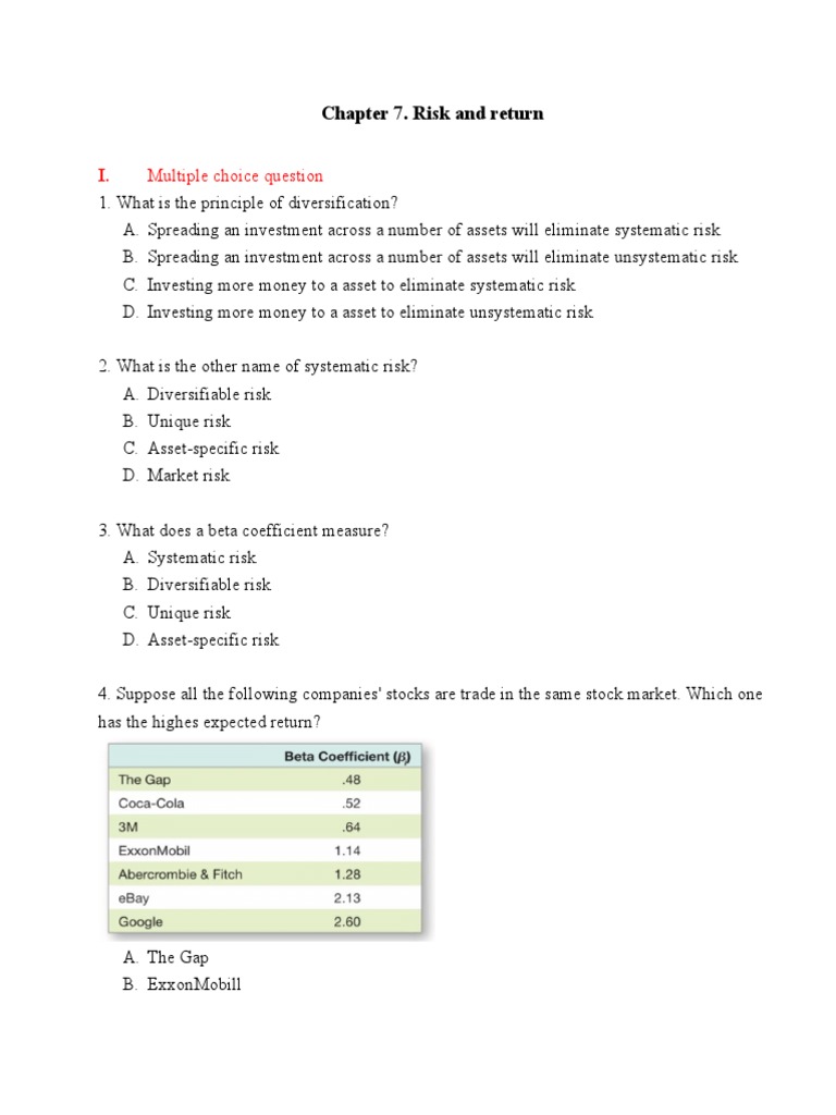Chapter 7. Risk and Return Student Version | Download Free PDF | Beta (Finance) | Capital Asset ...