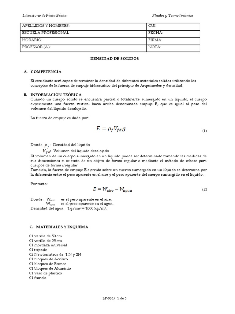 Practica de Laboratorio Densidad de Solidos Fisica 2 | PDF | Densidad ...