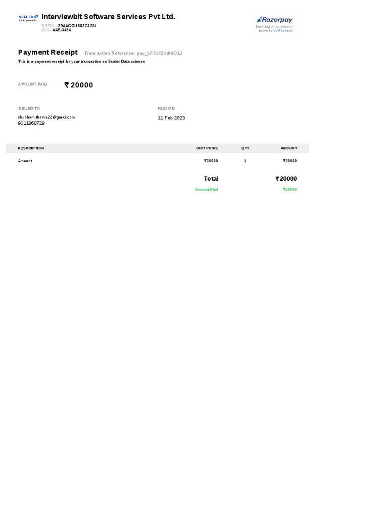 Scaler Data Science Payment Receipt | PDF