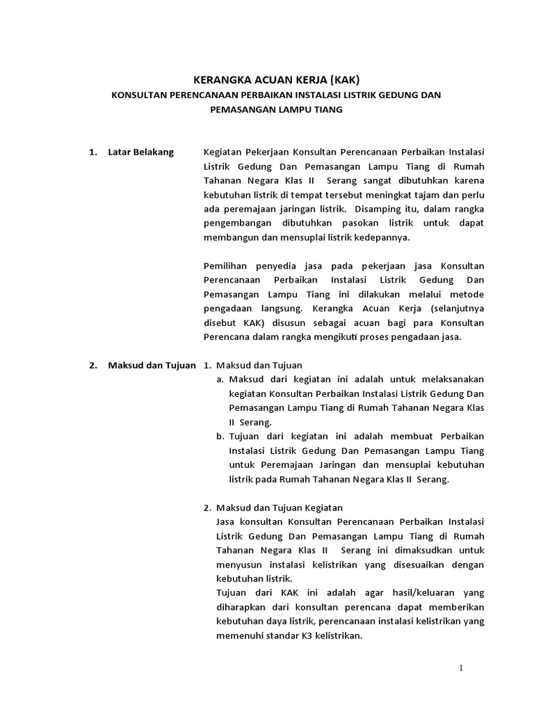 KAK Perbaikan Instalasi Listrik Gedung Dan Pemasangan Lampu Tiang | PDF