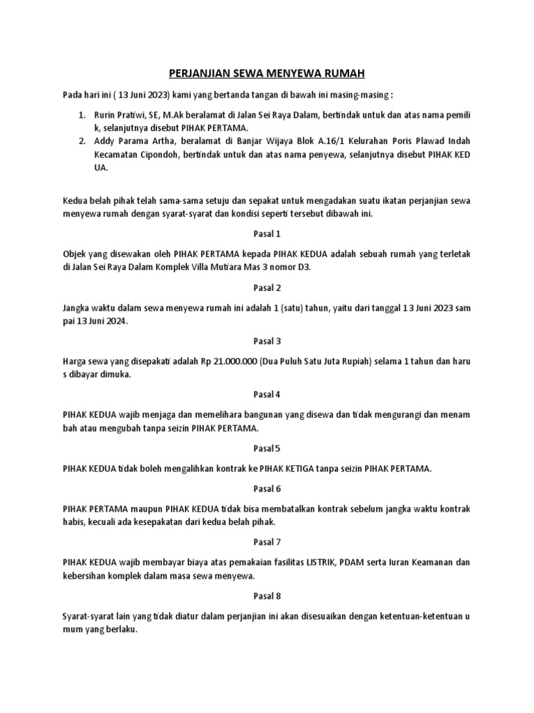 Perjanjian Sewa VMMS 3 D3 2023 | PDF