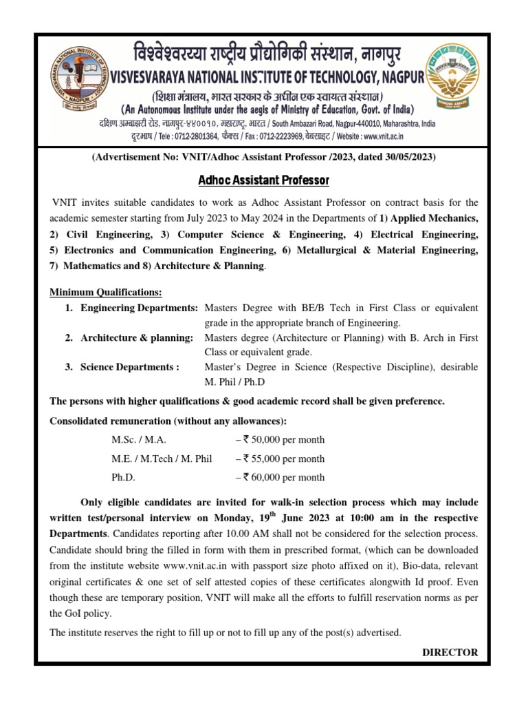 Guest Faculty Position at VNIT Nagpur | PDF