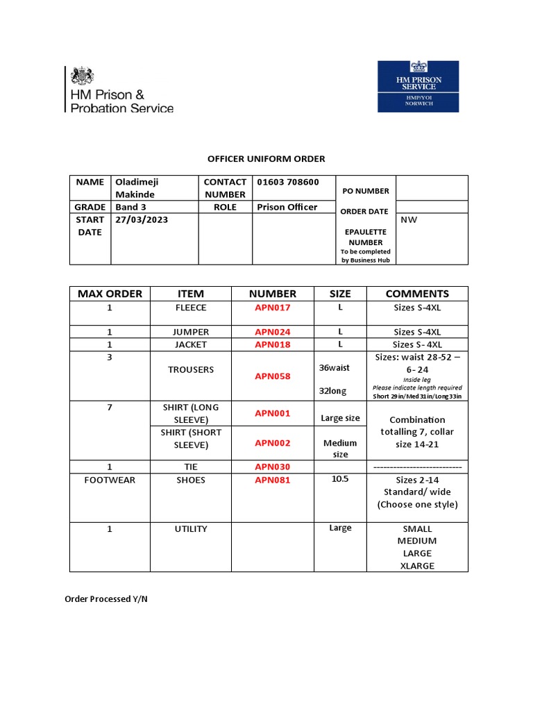 Apprentice Officer Uniform Order Form | PDF