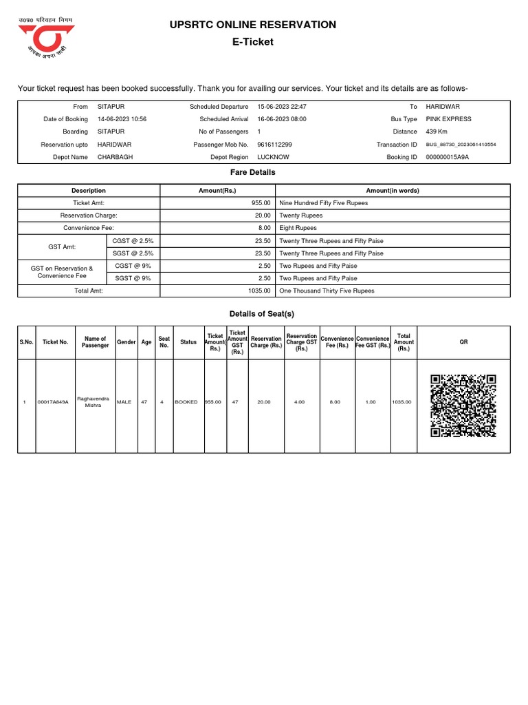 UPSRTC E-Ticket Confirmation Details | PDF | Bus | Transport