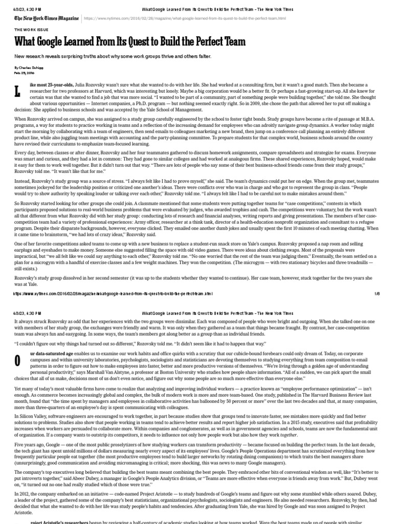 What Google Learned From Its Quest to Build the Perfect Team - The New York Times | PDF ...