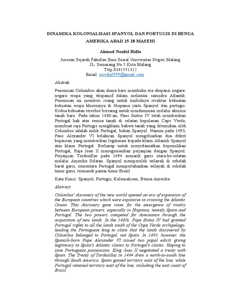 Dinamika Kolonialisasi Spanyol Dan Portugis Di Benua Amerika Abad 15 | PDF