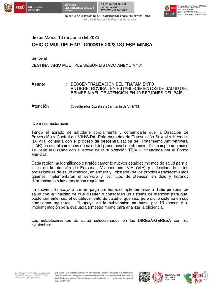 Oficio Multiple #D000615-2023-Dgiesp-Minsa | PDF | VIH | Lima