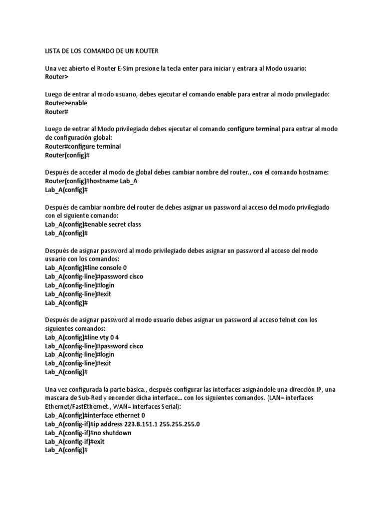 Comandos de Configuracion (Router - eSIM - v11) - LAB C | PDF | Enrutador (Computación ...