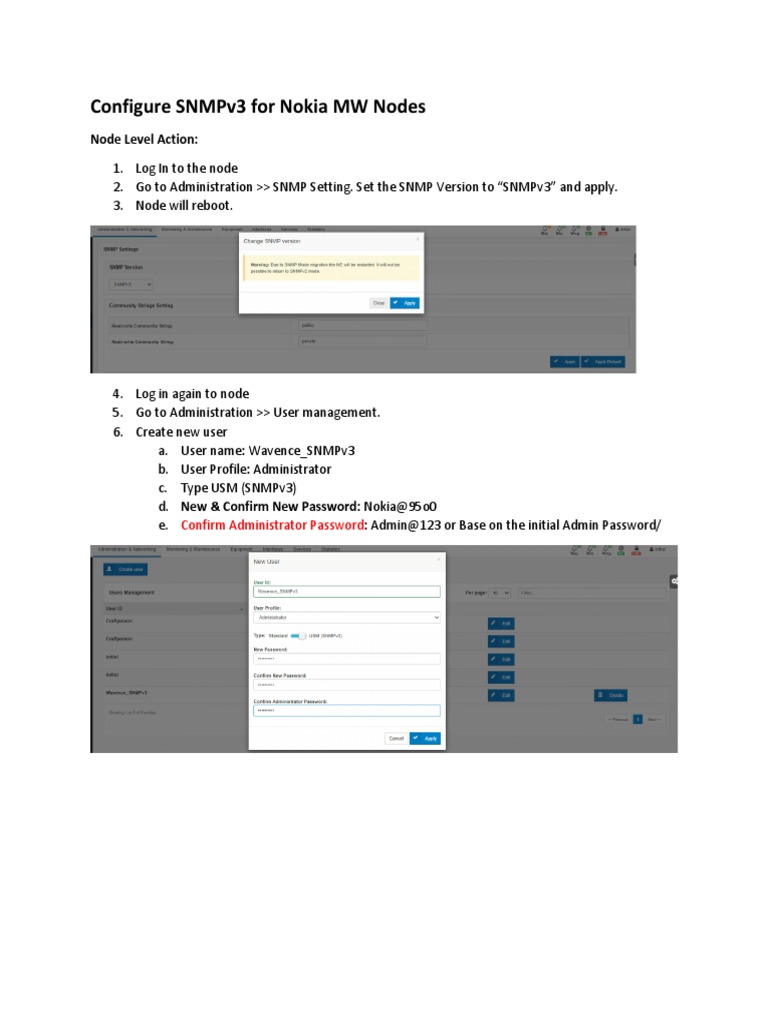 Configure SNMPv3 For Nokia MW Nodes v2 | PDF | Computers