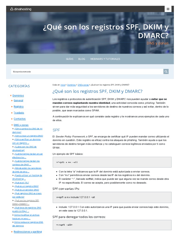 ¿Qué Son Los Registros SPF, DKIM y DMARC - Ayuda - Dinahosting | PDF | sistema de nombres de ...