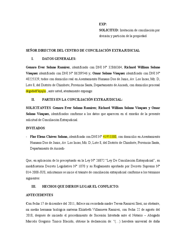 Solicitud de Conciliación Division y Particion | PDF | Paz | Ley común