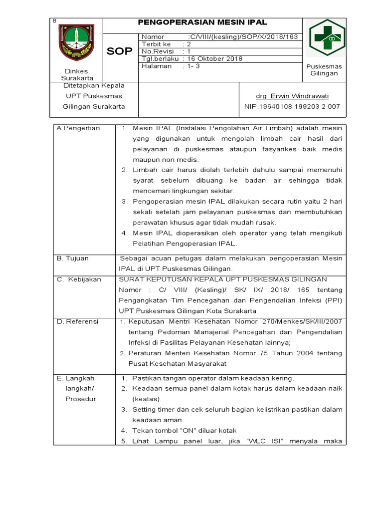SOP Pengoperasian IPAL Puskesmas FIX | PDF