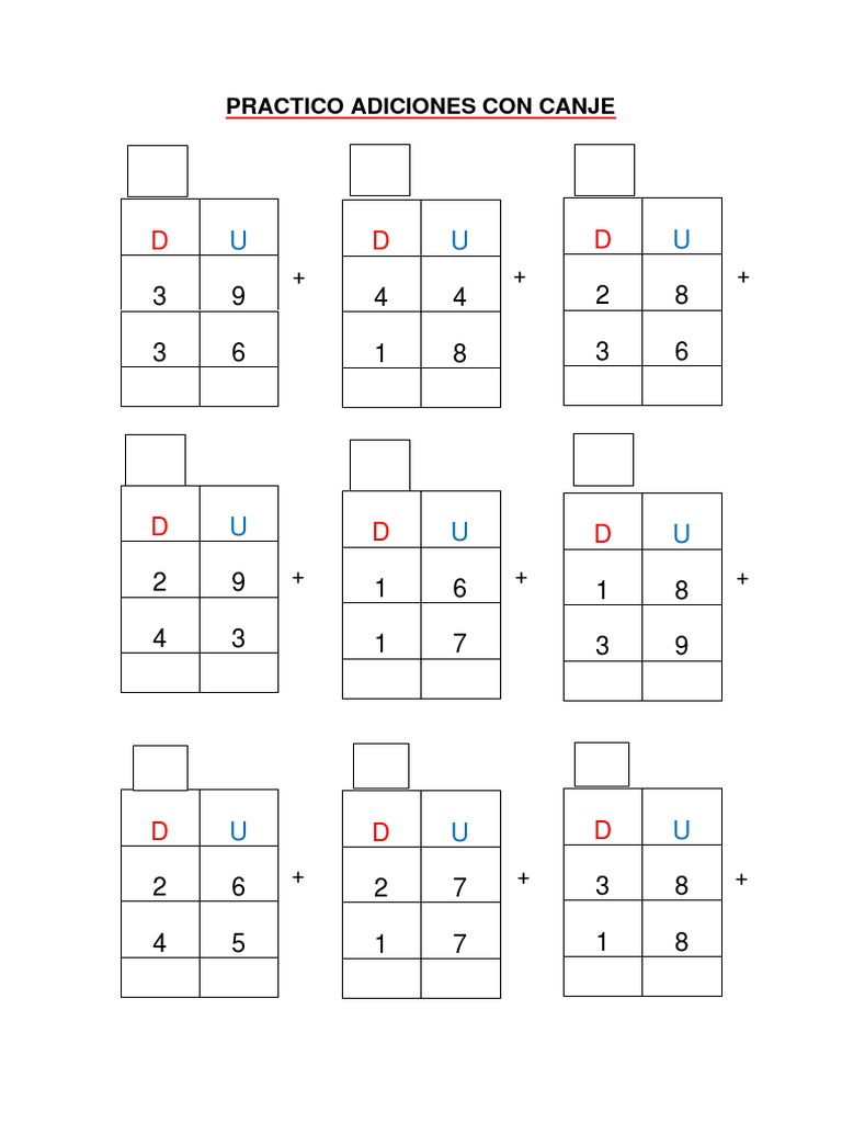 Ejercicios de Adición con Canje | PDF