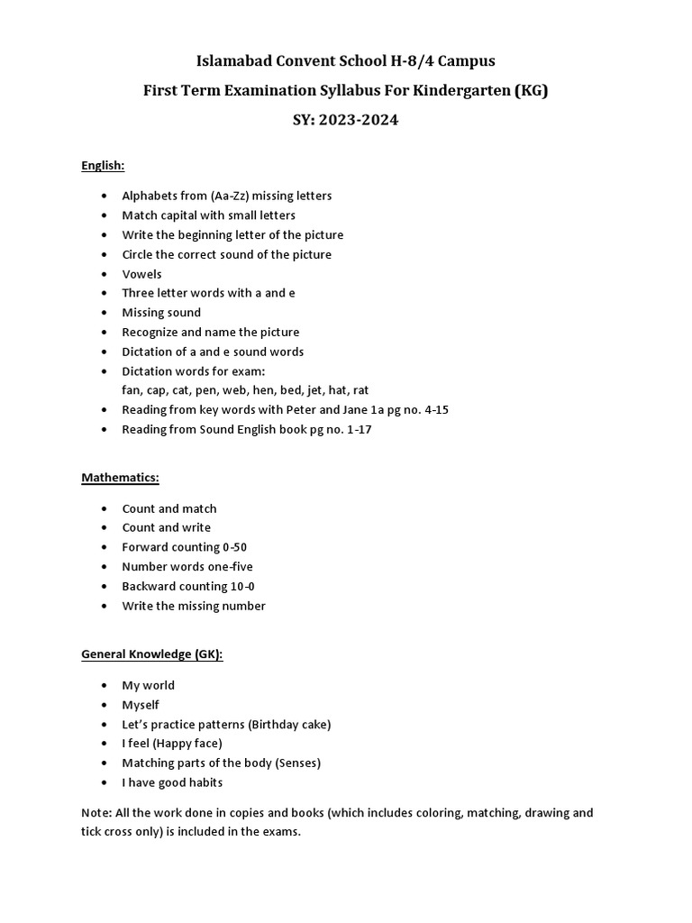 KG First Term Syllabus 2023-2024 | PDF