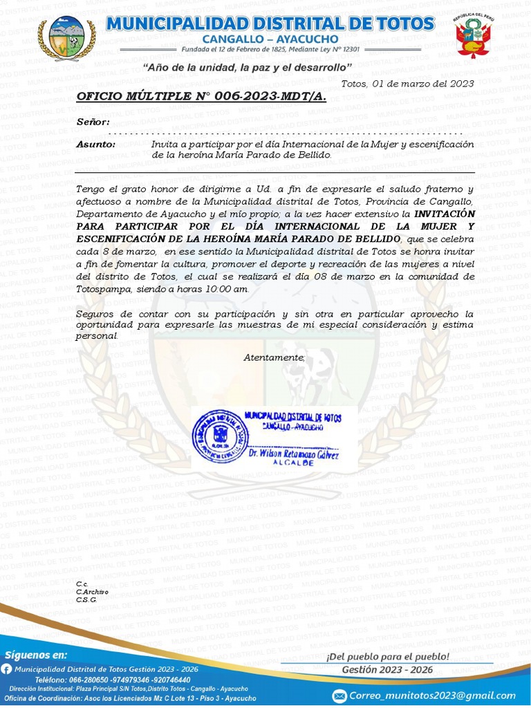 Oficio Múltiple #006-2023-MDT Invito Participar Al Campeonato Por Dia de La Mujer | PDF