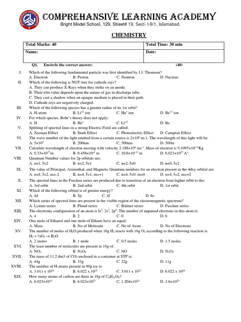 Chemistry Quiz: Fundamental Particles and Quantum Numbers | PDF ...
