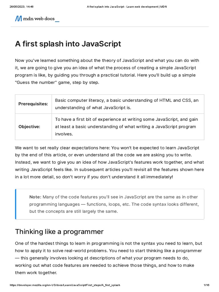 1-3 A First Splash Into JavaScript - Learn Web Development - MDN | PDF | Java Script | Computer ...
