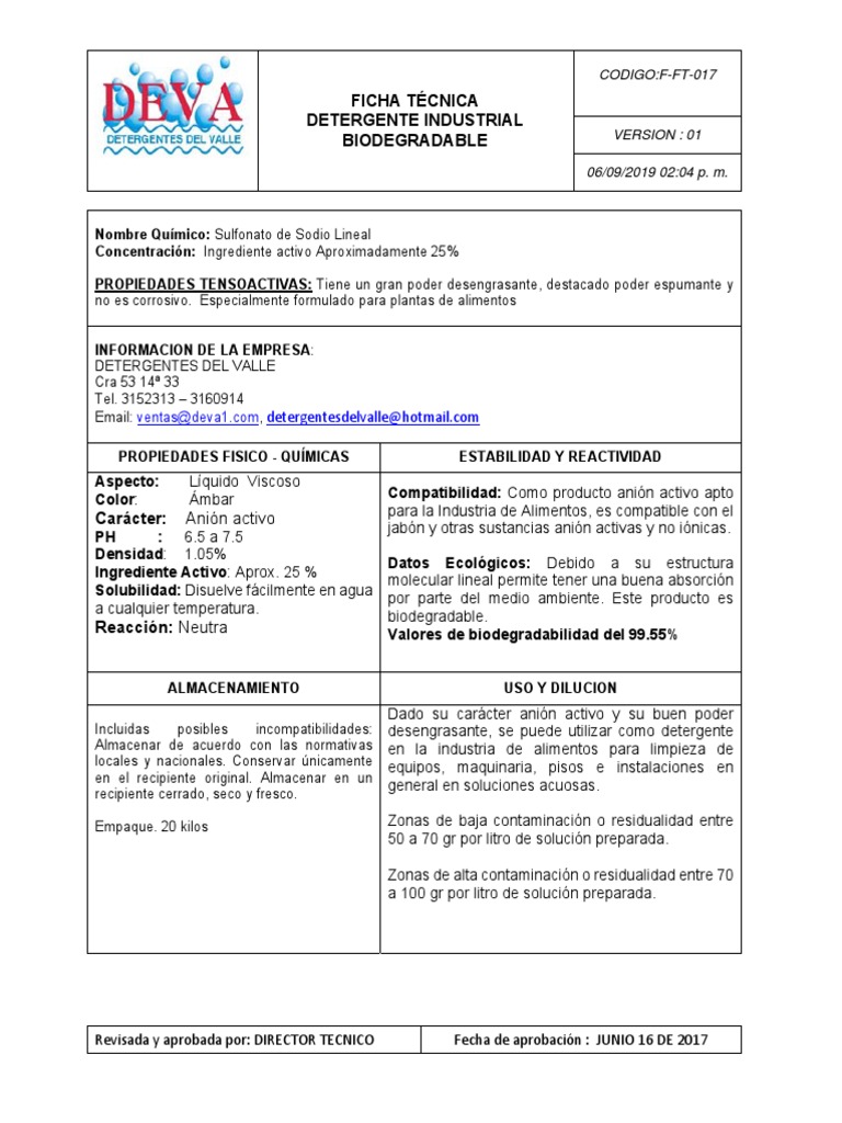 FICHA TECNICA DETERGENTE INDUSTRIAL NEUTRO | PDF | Detergente | Agua