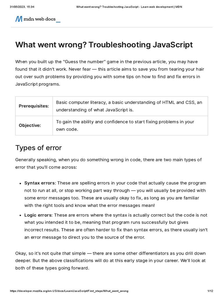 1 4 What Went Wrong Troubleshooting Javascript Learn Web Development Mdn Pdf Java