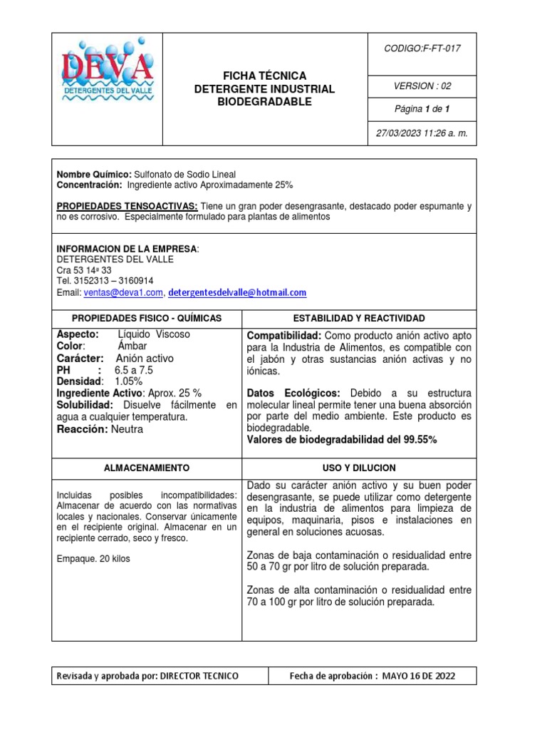 Ficha Tecnica Detergente Industrial Neutro | PDF | Detergente | Agua
