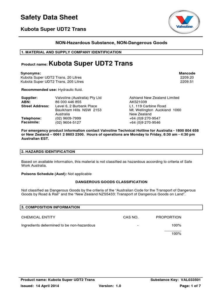 Kubota Super UDT2 Safety Data Sheet | PDF