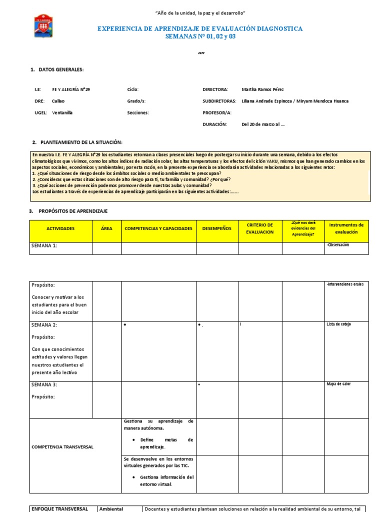 Semanas 1 y 2 Experiencia de Aprendizaje 2023 | PDF | Maestros | Evaluación