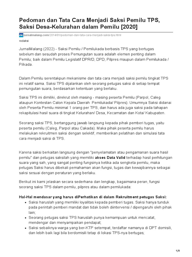 Pedoman Dan Tata Cara Menjadi Saksi Pemilu TPS Saksi Desa-Kelurahan Dalam Pemilu 2020 | PDF ...