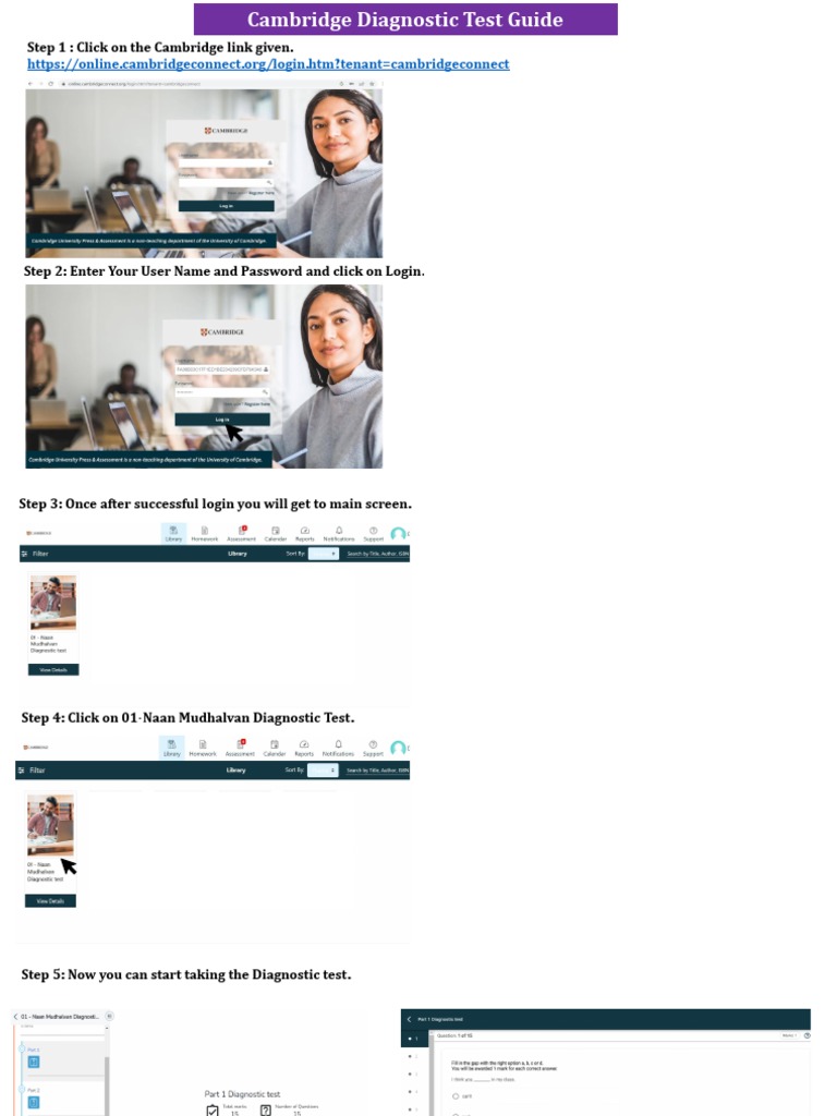 Cambridge New User Login and Diagnostic Test Guide | PDF