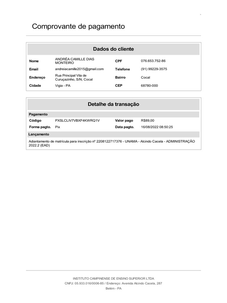 Recibo de Matrícula - Instituto Campinense | PDF