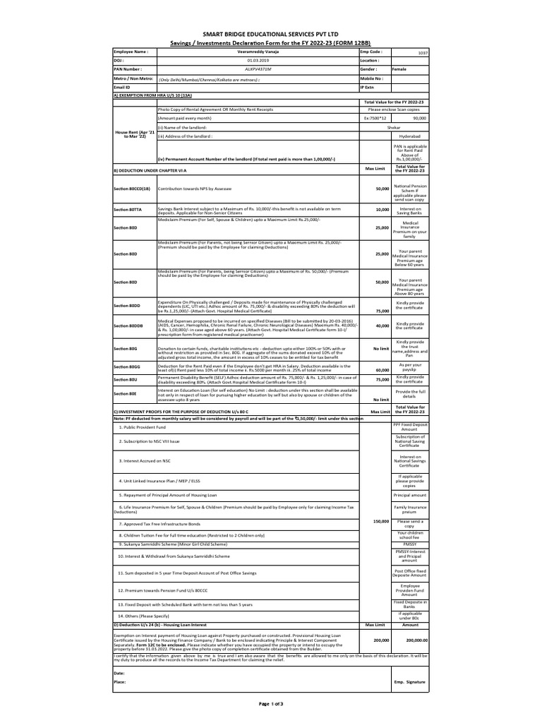 SAMPLE Format For Investments Declaration FY 2022-23 | PDF SAMPLE Format For Investments Declaration FY 2022-23 | PDF