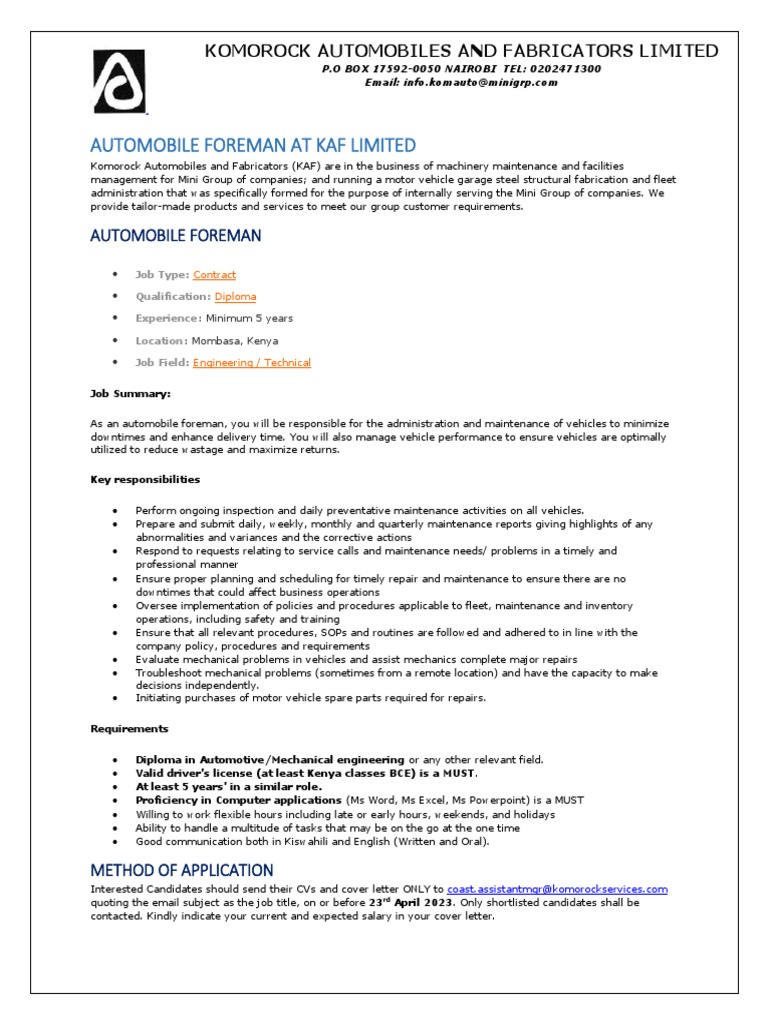 Automobile Foreman - Kaf Mombasa Region | PDF | Car | Engineering