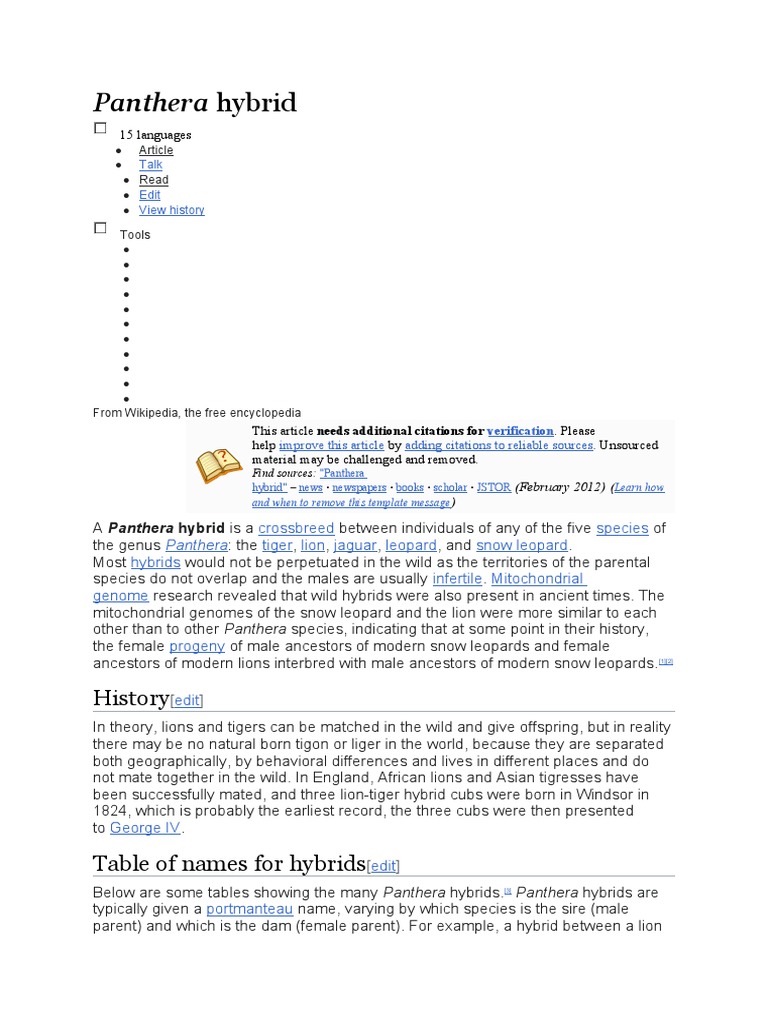 Panthera Hybrid: History | PDF | Felids | Cats
