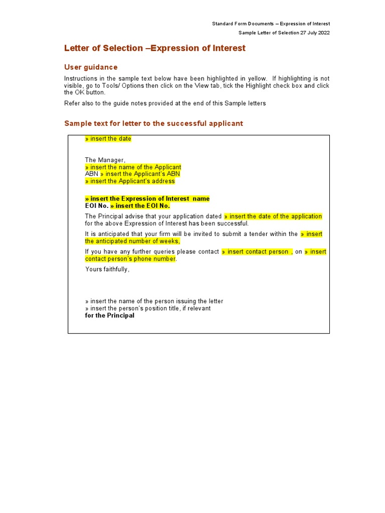 C. Eoi Successfull Applicant Letter of Selection 27 July 2022 | PDF