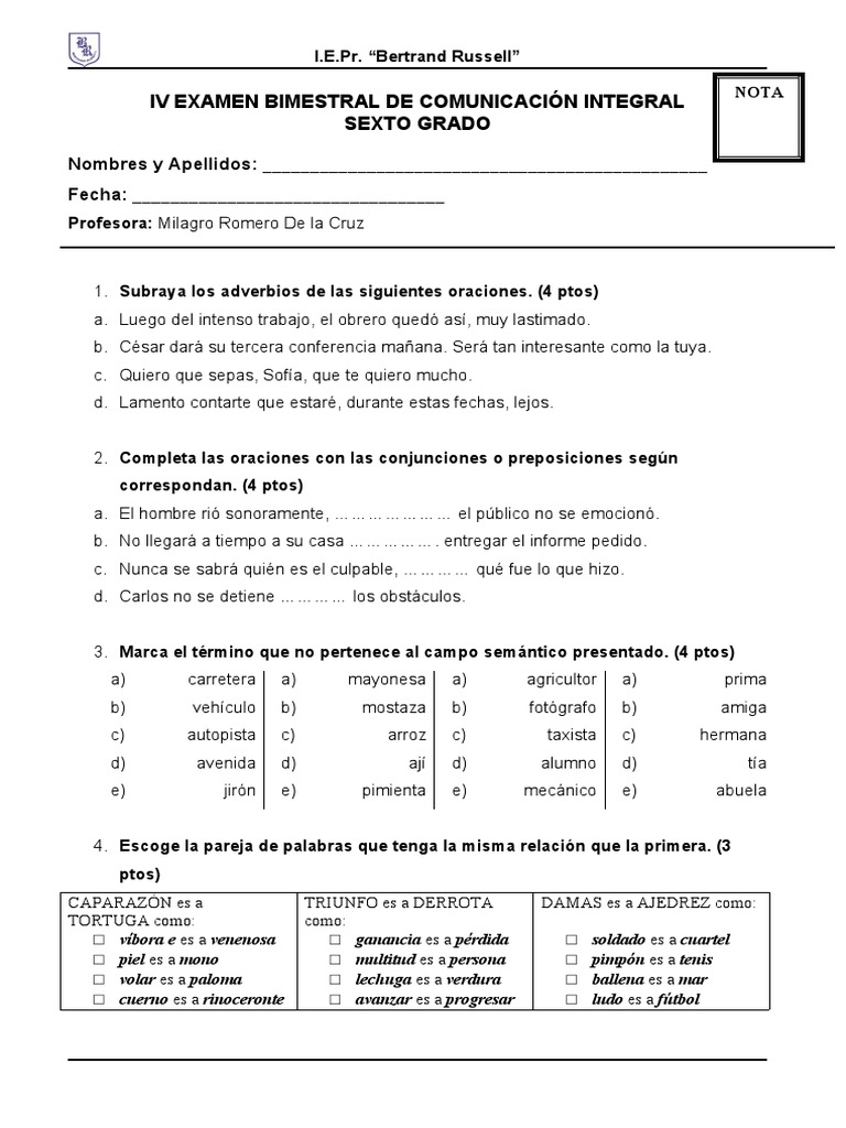 EXAMEN BIMESTRAL DE COMUNICACIÓN INTEGRAL-4to Bimestre (6to Grado) | PDF