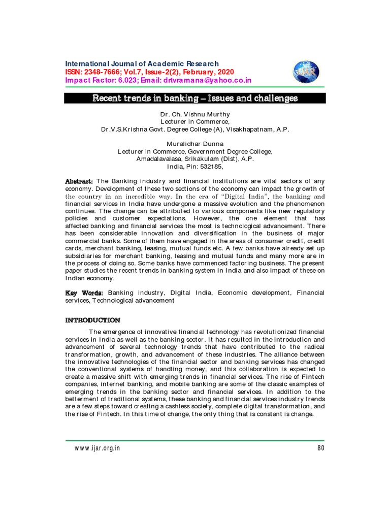 Recent Trends in Banking Issues and Challenges: ISSN: 2348-7666 Vol.7 ...