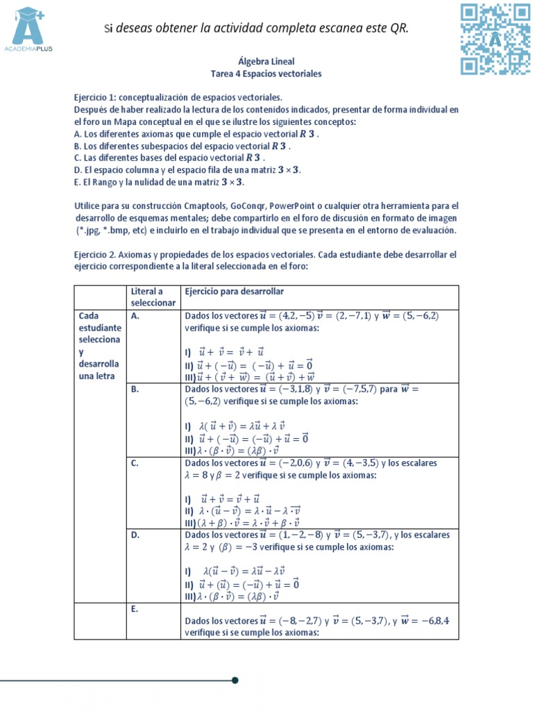 Álgebra Lineal, Tarea 4 Espacios Vectoriales, 2023-2 | Descargar gratis PDF | Espacio vectorial ...