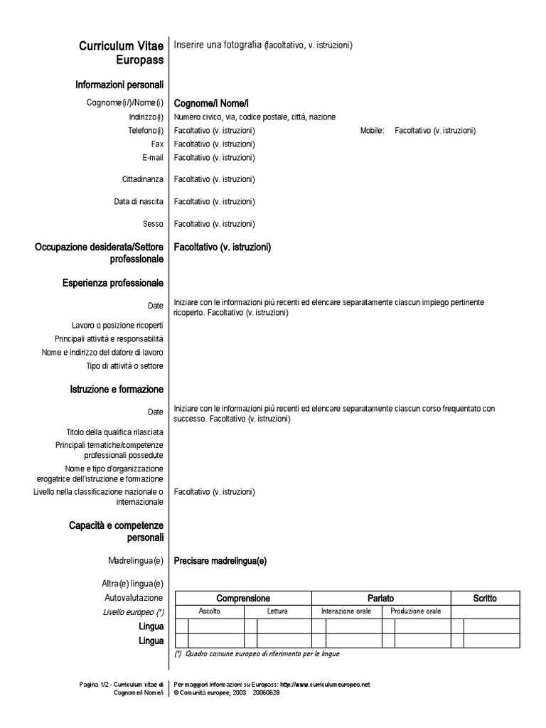 Modello Curriculum Vitae Europeo | PDF