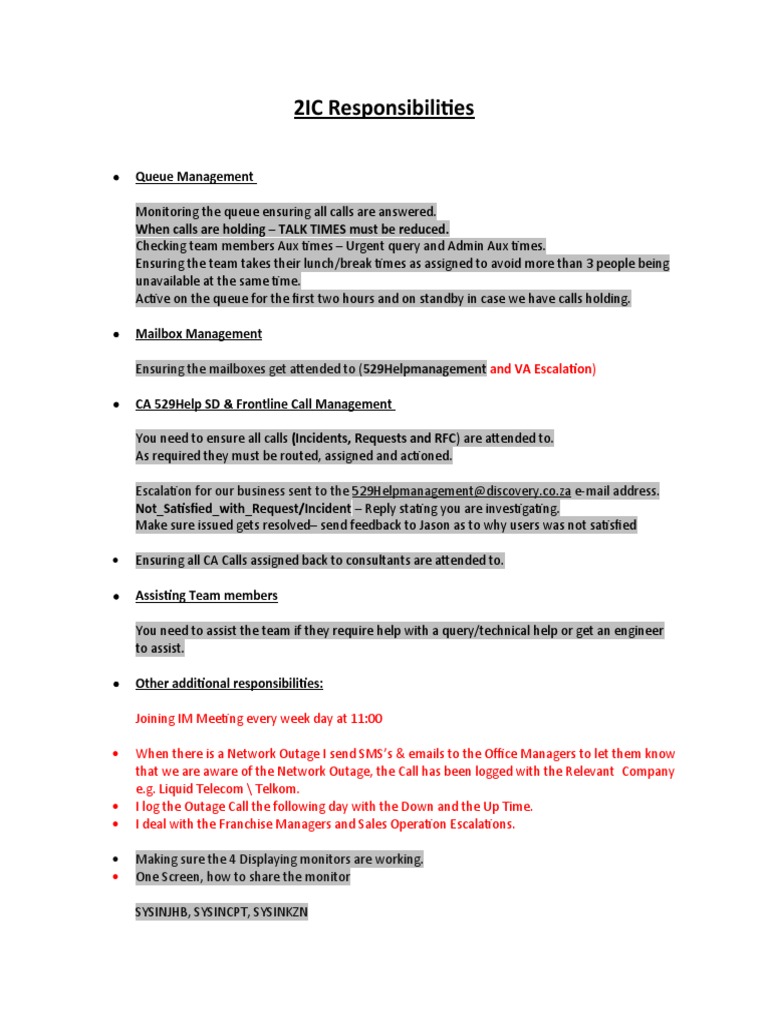 2IC Responsibilities | PDF | Service Industries | Information Technology